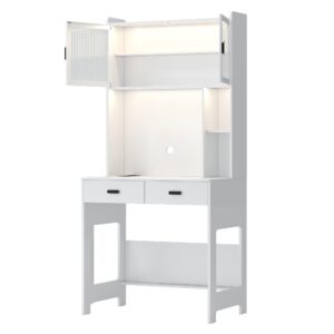 LVSOMT Home Office Desk with Hutch, Modern Computer Gaming Desk with LED Lights & Power Outlets, White Study Table with Storage Shelves, Teen Writing Desk for Bedroom, 31.5'' W