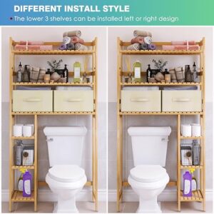 SMIBUY Over The Toilet Storage, Bamboo 6-Tier Bathroom Storage Shelf with Drawers, Freestanding Above Toilet Organizer Rack, Mass-Storage, Space Saver for Small Room (Natural)