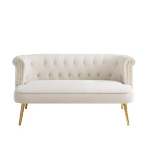 Nolohoo Loveseat Chesterfield Sofa with Gold Legs, Velvet Tufted Vintage Victorian Sofa 2 Seater Curved Mini Couch Rolled Arms, Comfy Love seat for Living Room, Bedroom, Cream White