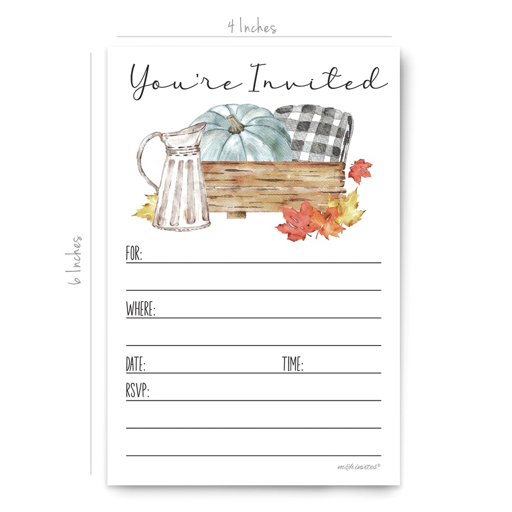 Rustic Fall Harvest Invitations - (20 Count) Autumn Country Watercolor 4x6 Invitations With Envelopes for Bridal, Baby Shower, Wedding, School, Neighborhood & Church Events