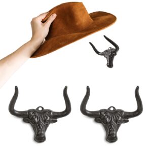 hydermus cowboy hat rack for wall 2 pack modern cast iron cowboy hat holder cowgirl hat hanger western wall decor longhorn hooks wall hooks for hat storage and organization rust men's christmas gift