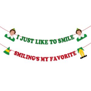 funny elf christmas decorations, novelty buddy the elf party banner decor supplies, holiday hanging sign for fireplace mantle wall decor, christmas party photo booth backdrop - i just like to smile