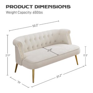 Nolohoo Loveseat Chesterfield Sofa with Gold Legs, Velvet Tufted Vintage Victorian Sofa 2 Seater Curved Mini Couch Rolled Arms, Comfy Love seat for Living Room, Bedroom, Cream White