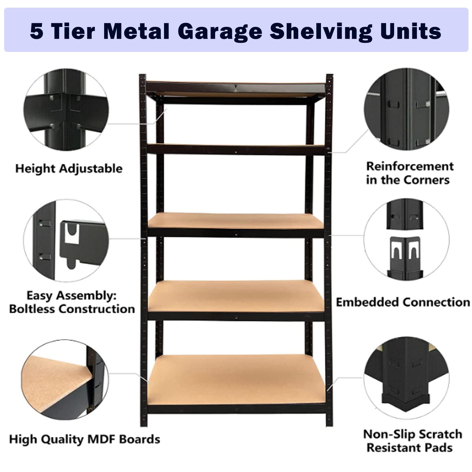 VickyHome 5 Tier Heavy Duty Garage Shelving Multipurpose Shelving Unit Shelf Organizer with Adjustable Height, Metal Pantry Organizers and Storage Kitchen Shelf for Kitchen Pantry Bathroom, 170cm