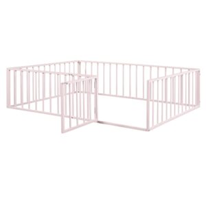 Flieks Metal Floor Bed, Queen Size Floor Bed Frame with Fence and Door for Kids Teens Adults, Easy Assembly, Pink