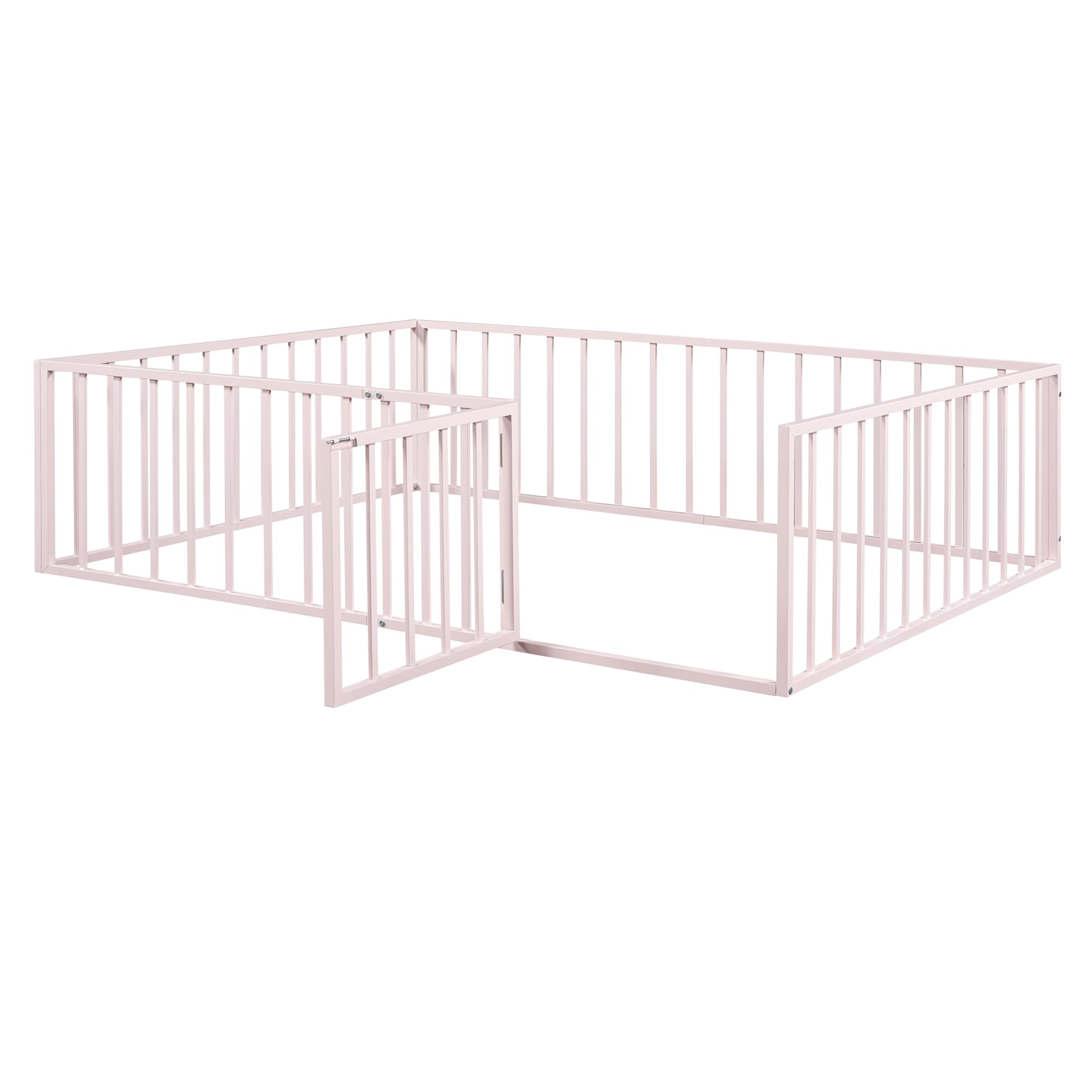 Flieks Metal Floor Bed, Queen Size Floor Bed Frame with Fence and Door for Kids Teens Adults, Easy Assembly, Pink