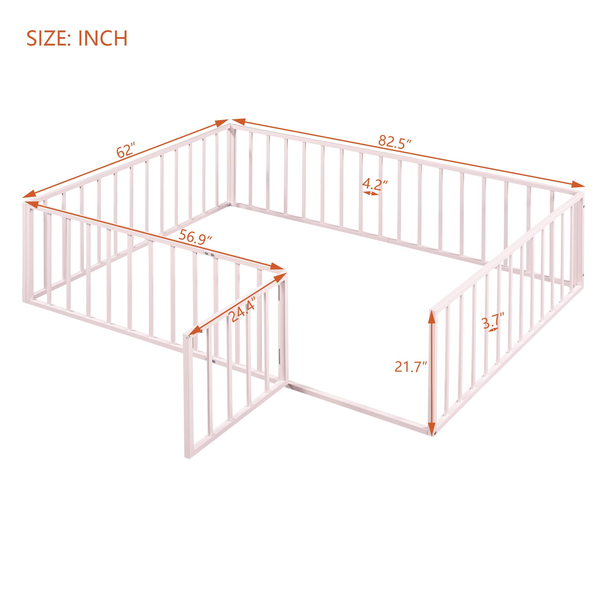 Flieks Metal Floor Bed, Queen Size Floor Bed Frame with Fence and Door for Kids Teens Adults, Easy Assembly, Pink