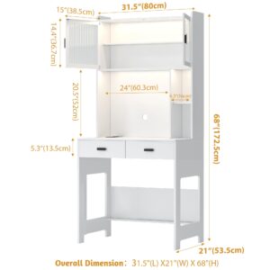 LVSOMT Home Office Desk with Hutch, Modern Computer Gaming Desk with LED Lights & Power Outlets, White Study Table with Storage Shelves, Teen Writing Desk for Bedroom, 31.5'' W