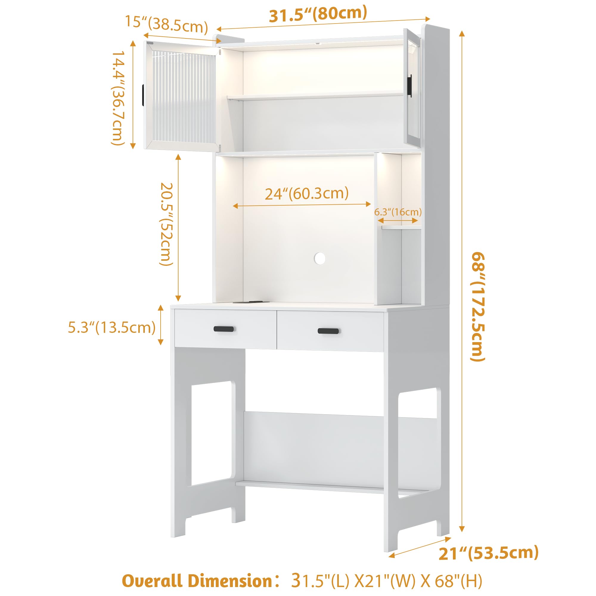 LVSOMT Home Office Desk with Hutch, Modern Computer Gaming Desk with LED Lights & Power Outlets, White Study Table with Storage Shelves, Teen Writing Desk for Bedroom, 31.5'' W