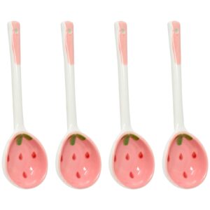 honbay 4pcs long handle ceramic soup spoons strawberry pattern tablespoons cute porcelain spoon for breakfast cereal rice yogurt appetizers and desserts