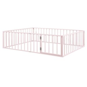 Flieks Metal Floor Bed, Queen Size Floor Bed Frame with Fence and Door for Kids Teens Adults, Easy Assembly, Pink