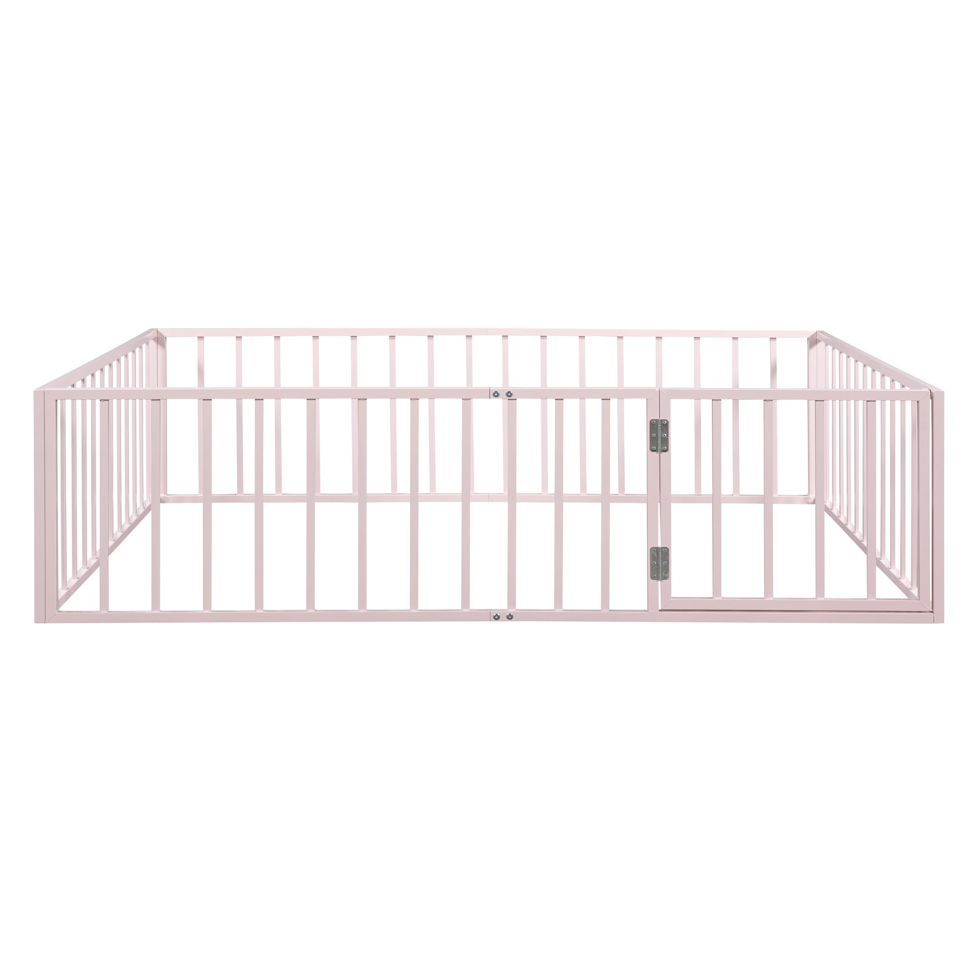 Flieks Metal Floor Bed, Queen Size Floor Bed Frame with Fence and Door for Kids Teens Adults, Easy Assembly, Pink