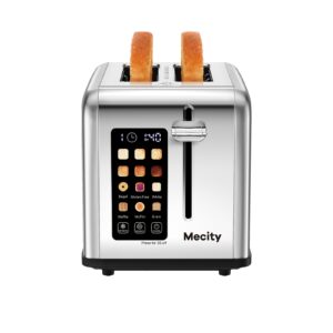 mecity 2 slice toaster touch screen 1.5" wide slot, stainless steel smart bread toaster for bagel muffin waffle gluten free breads, timer, defrost, reheat, 120v 825w