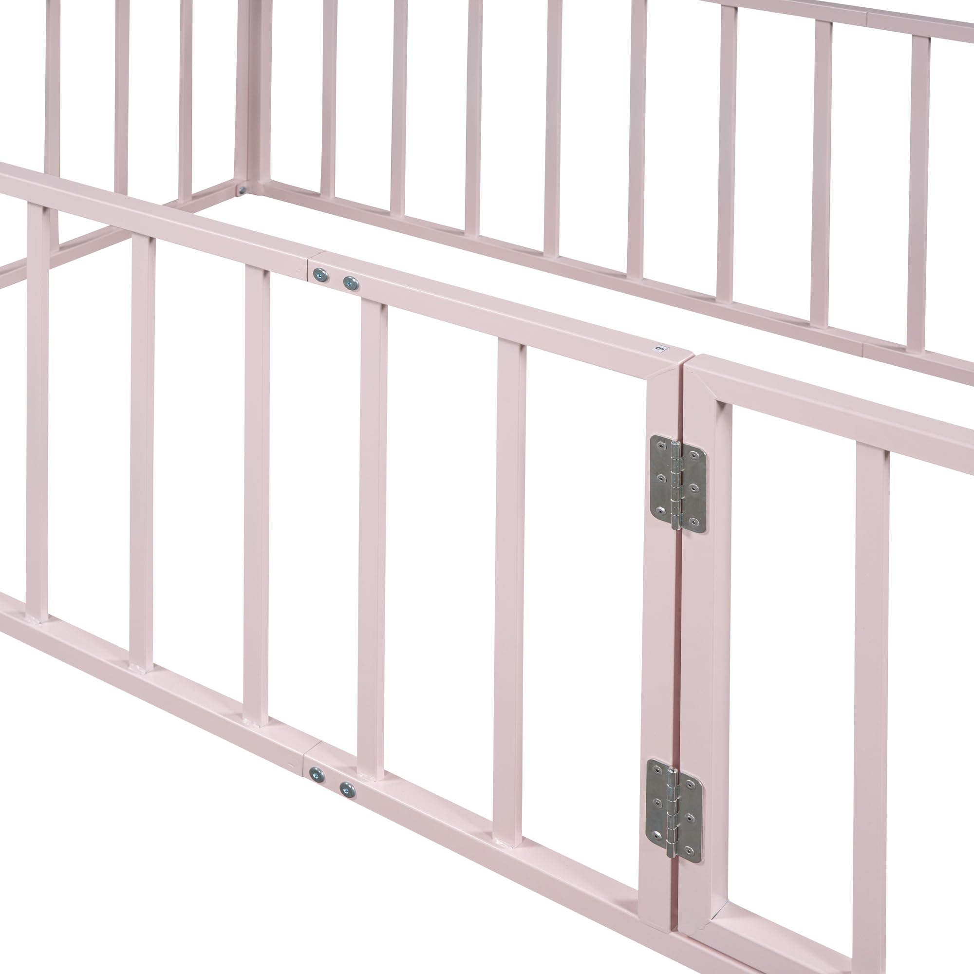 Merax Full Size Metal Floor Bed Frame with Safety Guardrails Fence and Door for Boys,Girls,Teens,Pink