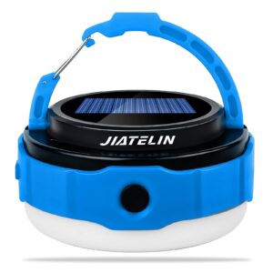 jiatelin led rechargeable camping latern -blue solar power tent light with 7 light modes, power bank, usb charger outdoor, hiking, home and powered emergency failure hurricane hanging