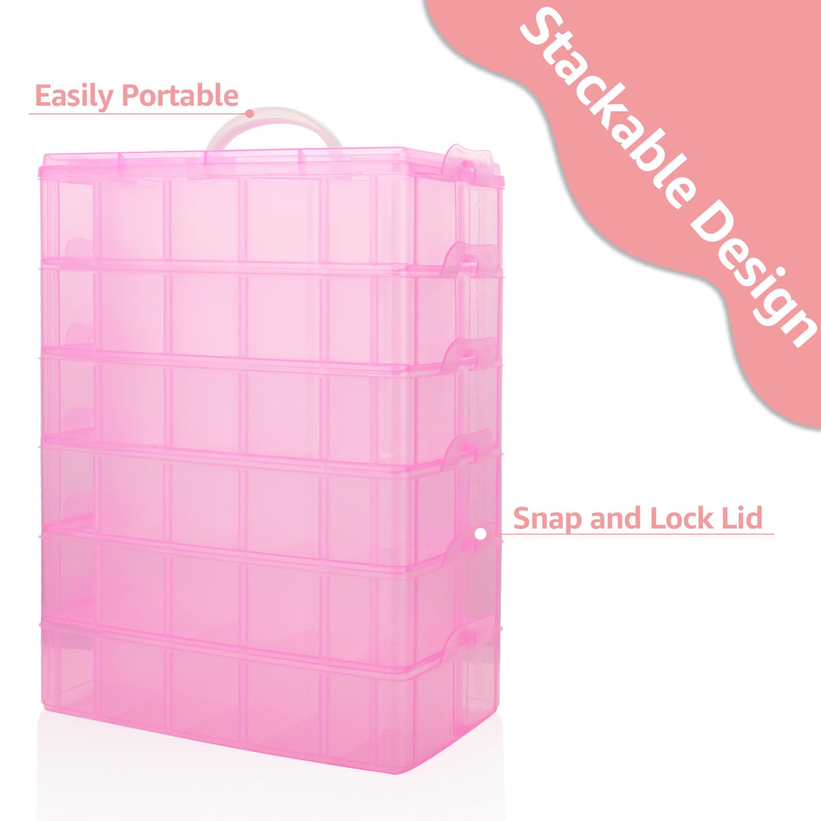 ACXFOND 6-Tier Stackable Storage Container Bead Organizer Box 60 Adjustable Compartments for Arts and Crafts, Toy, Fuse Beads, Washi Tapes, Beauty Supplies, Sewing Storage (Pink)