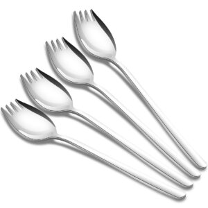 tiokin sporks,4-pack salad forks 18/10 stainless steel 7.4 inches long handle dessert spoons ice cream spoons flatware set reusable fruit appetizer dessert forks for household use or camping