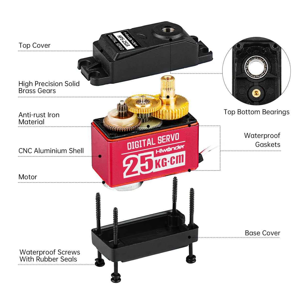 25KG Digital Servo Motor High Torque PWM Servo, Waterproof Full Metal Gear Steering Servo for Robotic Arms and DIY Robot Making, Digital Servo with 25T Servo Horn, Control Angle 180°