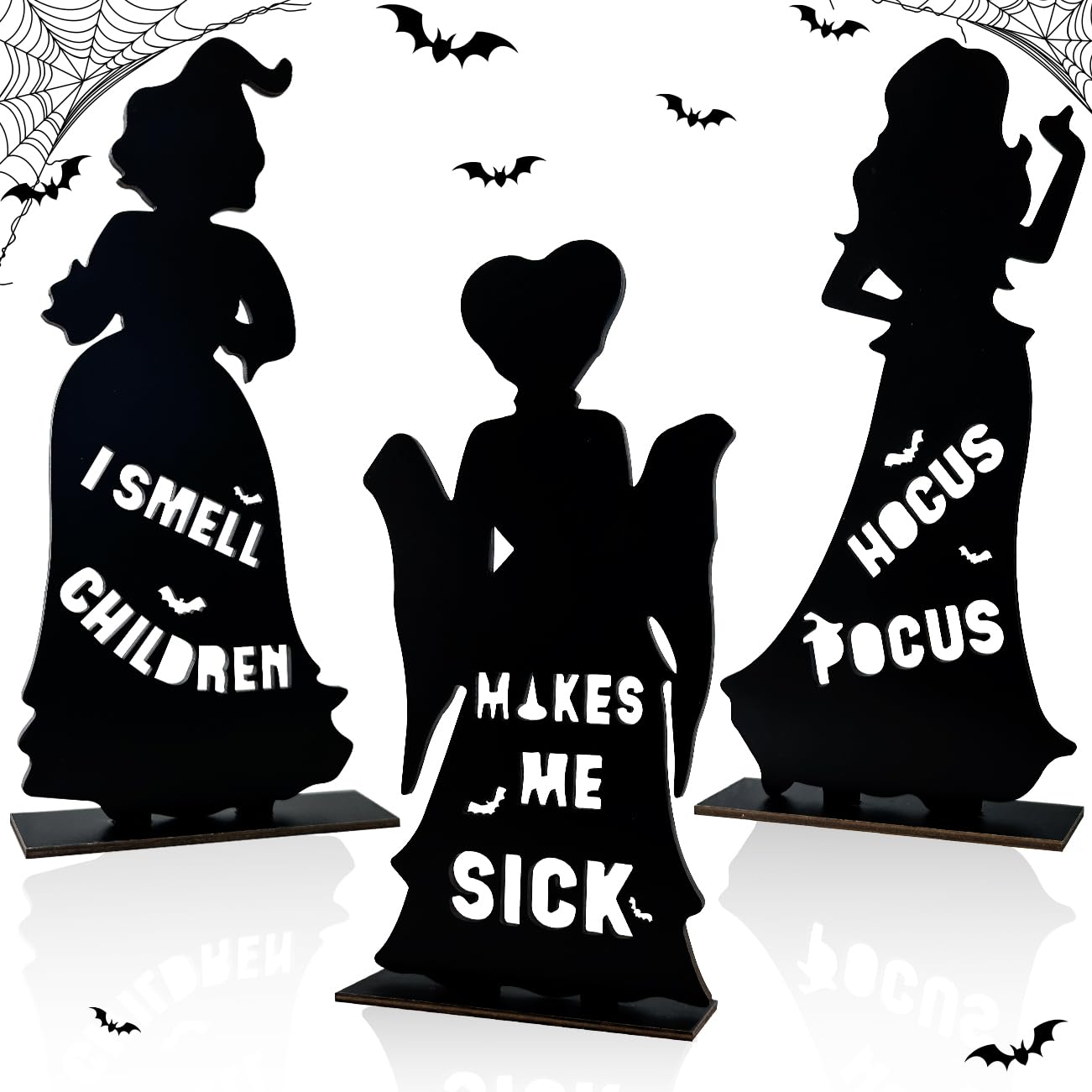 3Pcs Hocus Pocus Wooden Table Centerpieces, Hocus Pocus Halloween Decoration Silhouette Witch Signs Decor, I Smell Children &Makes Me Sick Halloween Wooden Signs