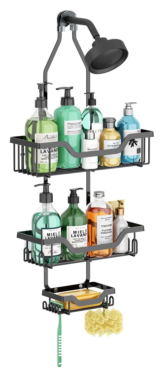 GOHOLE Shower Caddy Over Shower Head, Hanging Shower Organizer, Over the Shower Head Caddy, with Soap Basket and 12 Hooks for Razor Sponge Towels, Black