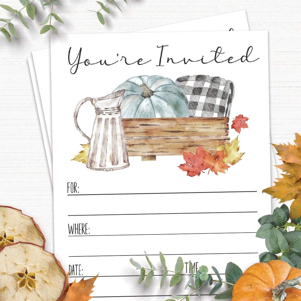 Rustic Fall Harvest Invitations - (20 Count) Autumn Country Watercolor 4x6 Invitations With Envelopes for Bridal, Baby Shower, Wedding, School, Neighborhood & Church Events