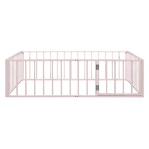 Merax Full Size Metal Floor Bed Frame with Safety Guardrails Fence and Door for Boys,Girls,Teens,Pink