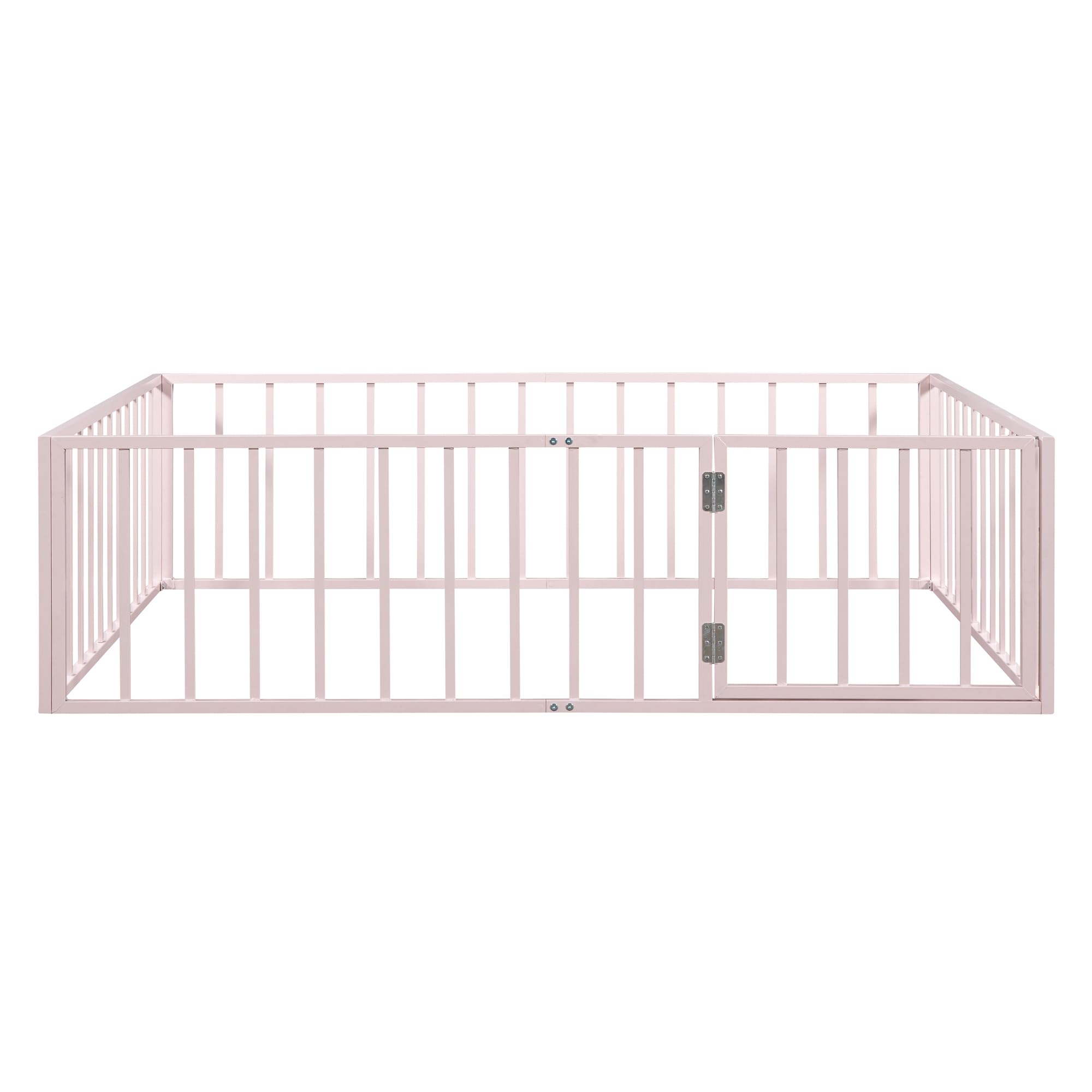 Merax Full Size Metal Floor Bed Frame with Safety Guardrails Fence and Door for Boys,Girls,Teens,Pink