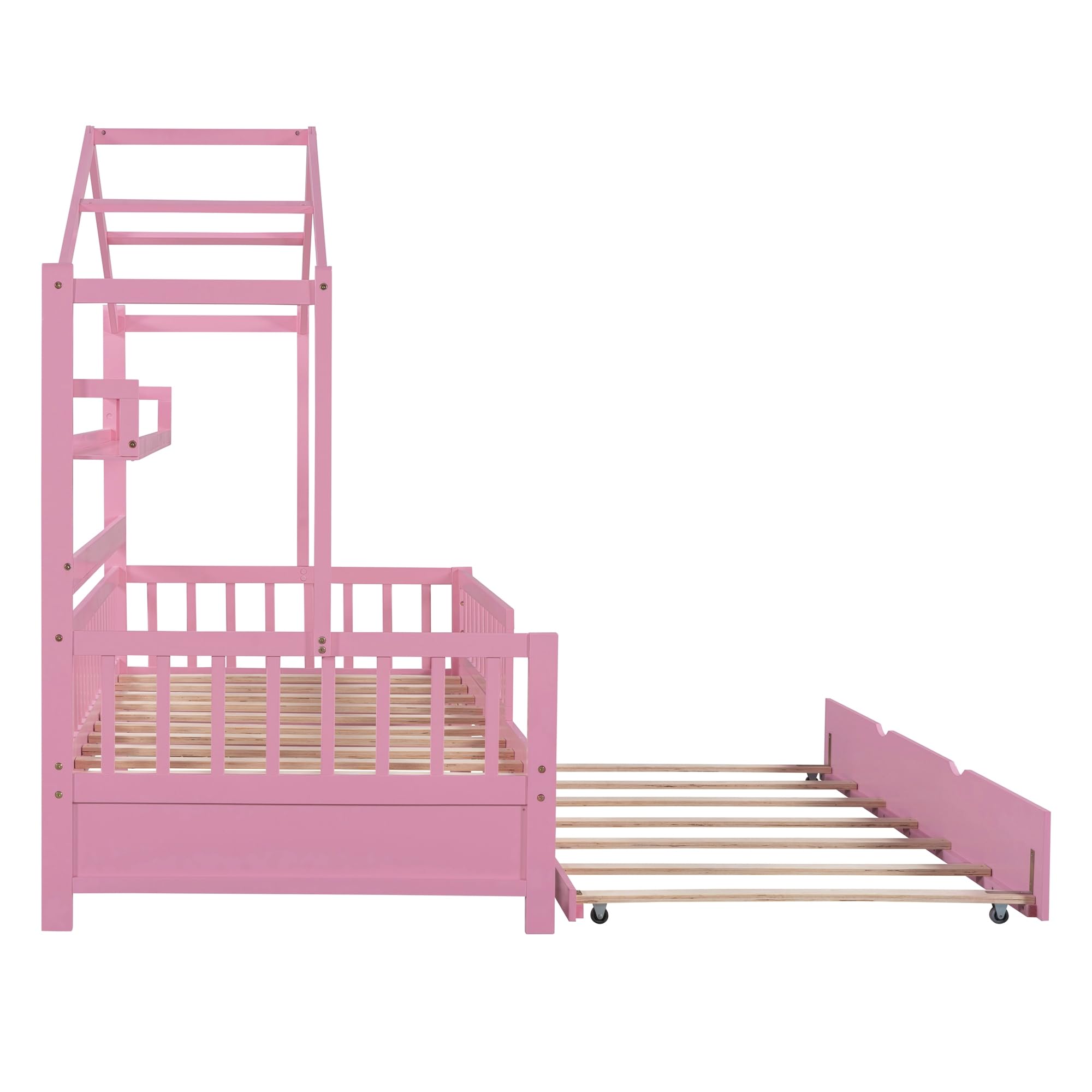 Bellemave Wooden Twin Size House Bed with Trundle,Kids Twin Playhouse Platform Bed Frame with Storage Shelves,Montessori Be for Kids Teens Girls & Boys (Pink)