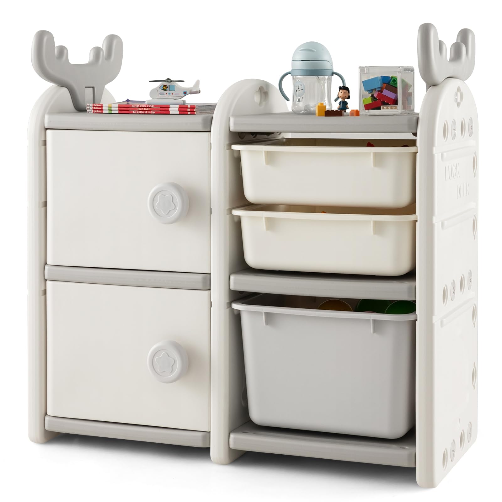 HONEY JOY Kids Toy Storage Organizer with Bins, Toddler Toy Chest & Bookshelf with Enclosed Cabinets & Pull-out Drawers, Multipurpose Storage Bookcase Cabinet for Playroom, Bedroom, Kindergarten, Gray