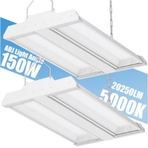 led linear high bay light 2-pack, 150w 20250lm 0-10v dimmable 5000k daylight, adjustable tilt hanging led high bay shop lighting fixtures for garage warehouse workshop, etl