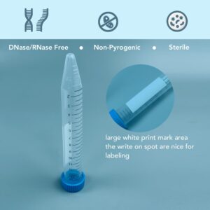 VISOSCI Autoclavable Polypropylene Centrifuge Tubes, Volume 15ml, White Printed Graduated Marks from 1.5ml to 14ml, Assembled Leak-Proof Screw Cap, Gamma Sterile, 50pcs/Bag