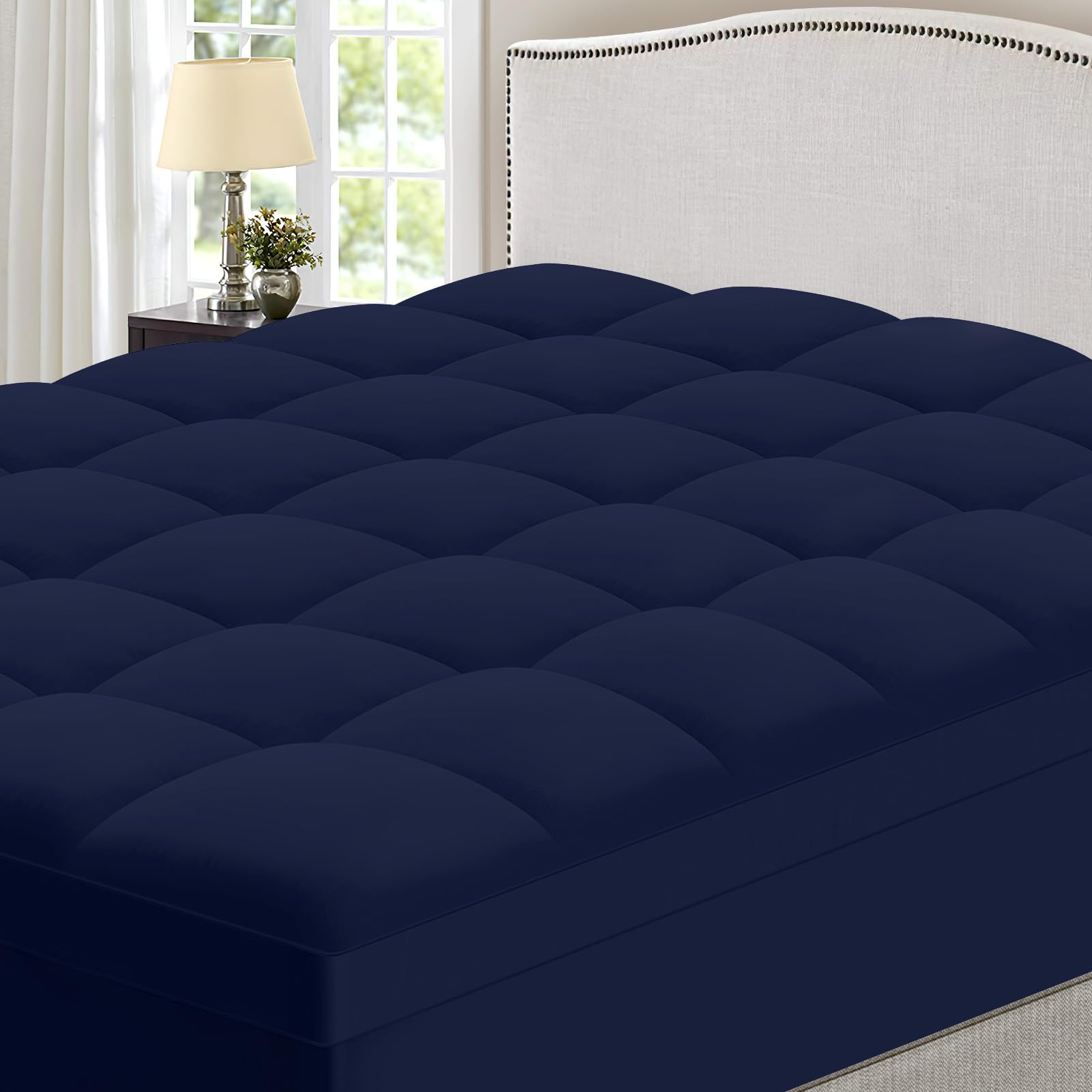 MASVIS Twin Size Mattress Topper for Back Pain - Soft Flat Sheet and Pillowcase - Extra Thick Mattress Pad Cover - Overfilled Pillow Top - 3 Piece Set - Navy Blue