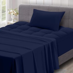 MASVIS Twin Size Mattress Topper for Back Pain - Soft Flat Sheet and Pillowcase - Extra Thick Mattress Pad Cover - Overfilled Pillow Top - 3 Piece Set - Navy Blue