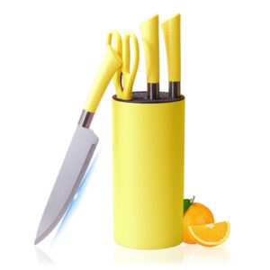 kitchen knife set, 7 pcs yellow cooking knife set with round block, sharp stainless steel knives set for kitchen with ergonomic handle, professional chef knife set for home family restaurant (yellow)