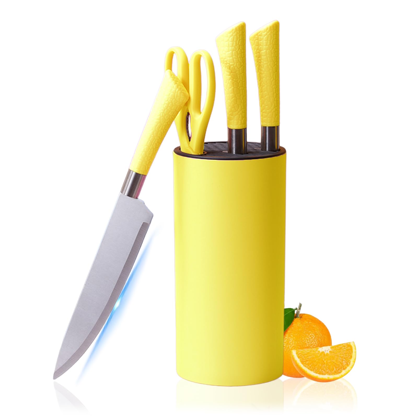 Kitchen Knife Set, 7 Pcs Yellow Cooking Knife Set with Round Block, Sharp Stainless Steel Knives Set for Kitchen with Ergonomic Handle, Professional Chef Knife Set for Home Family Restaurant (Yellow)