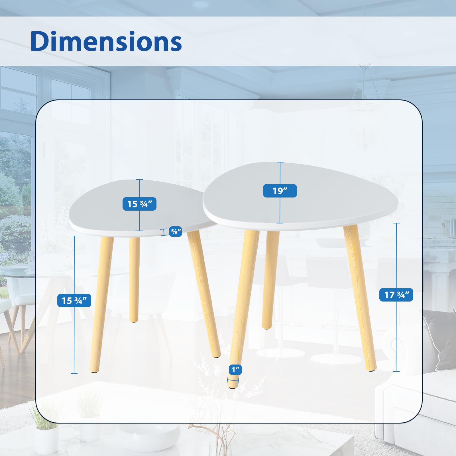 Lifetime Home Modern Semi-Nesting Table with Wooden Legs Set of 2 - Triangle Side Table for Living Room, Bedroom, Apartment & Small Spaces - Minimalist Bamboo Nested Coffee End Table - White