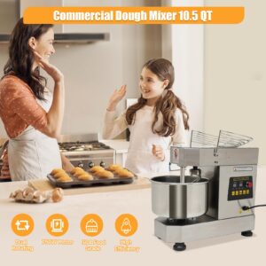 Commercial Food Mixer, 10.5Qt Capacity, 750W Dual Rotating Dough Kneading Machine with Food-grade Stainless Steel Bowl, Security Shield & Timer Included, Baking Equipment for Restaurant (Silver)