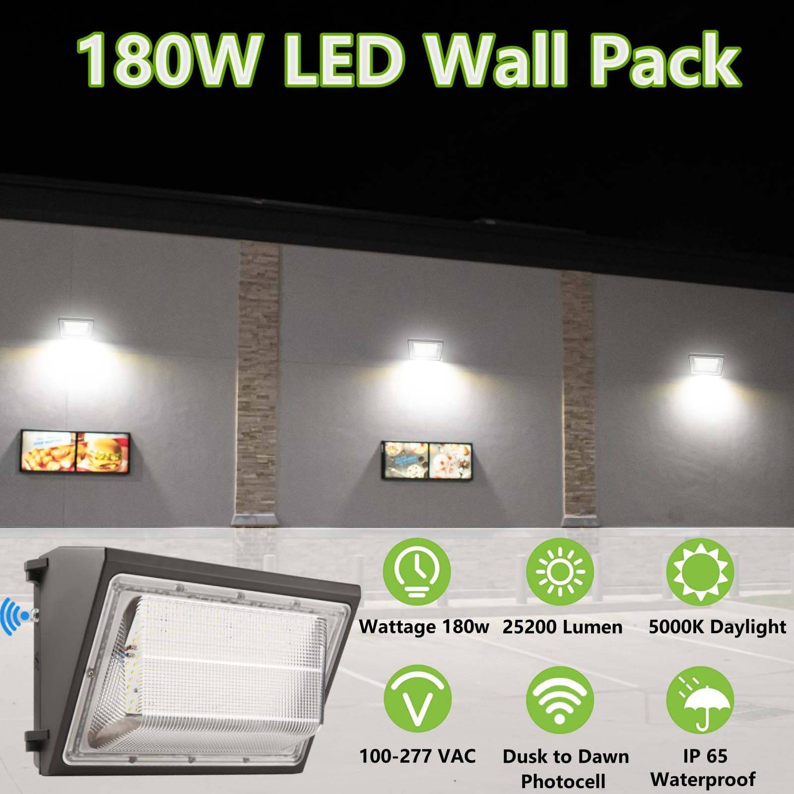 1Pack-Dusk to Dawn 180W LED Wall Pack Light Fixture, 25200LM 1500W HPS/HID Equivalent,100-277V, 5000K Daylight Commerical/Industrial Outdoor Security lighting, Waterproof for Entrance,Warehouse