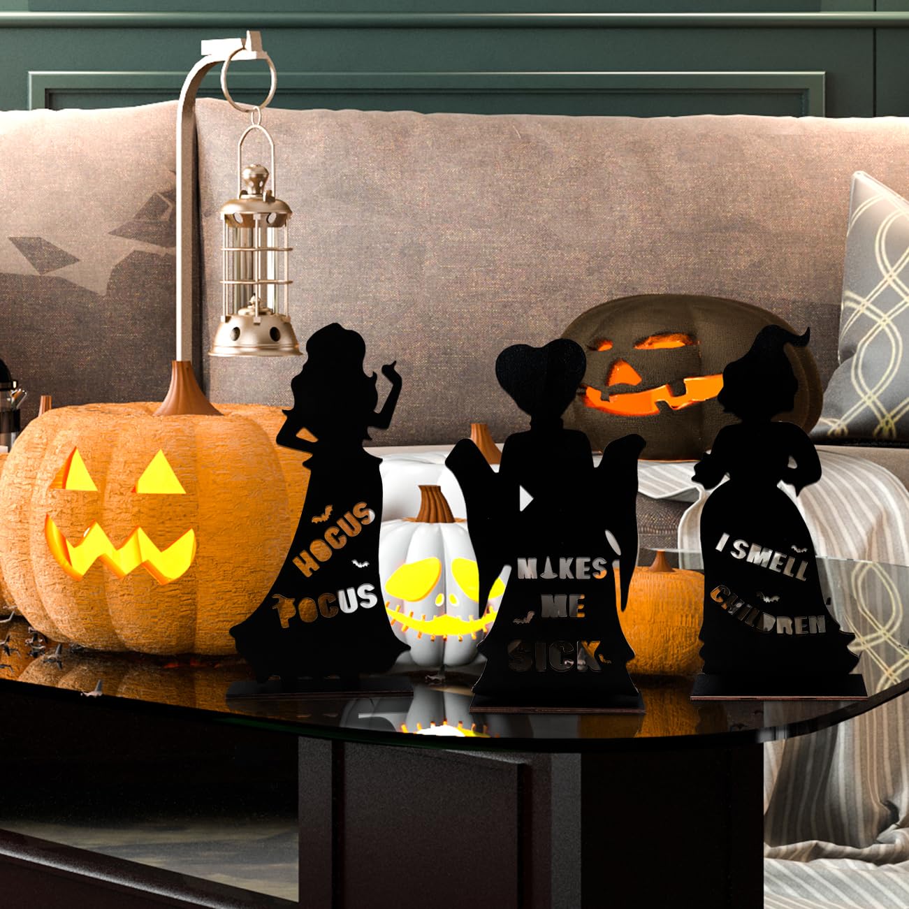 3Pcs Hocus Pocus Wooden Table Centerpieces, Hocus Pocus Halloween Decoration Silhouette Witch Signs Decor, I Smell Children &Makes Me Sick Halloween Wooden Signs