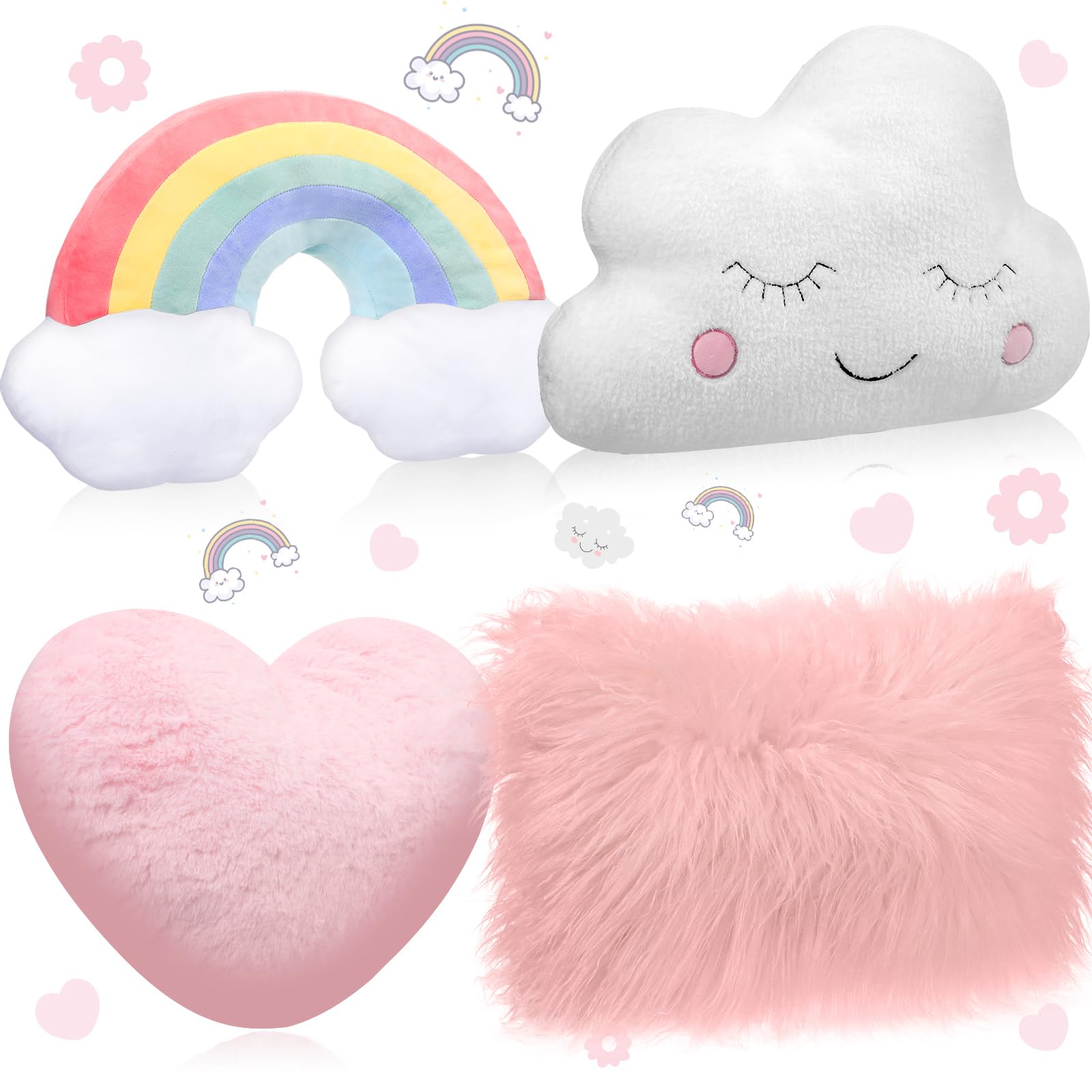 Geetery Set of 4 Decorative Throw Pillow for Girl Heart Cloud Rainbow Pillow Fluffy Plush Soft Stuffed Pillows for Living Room Bedroom Playroom Bed Sofa Chair Floor Decors