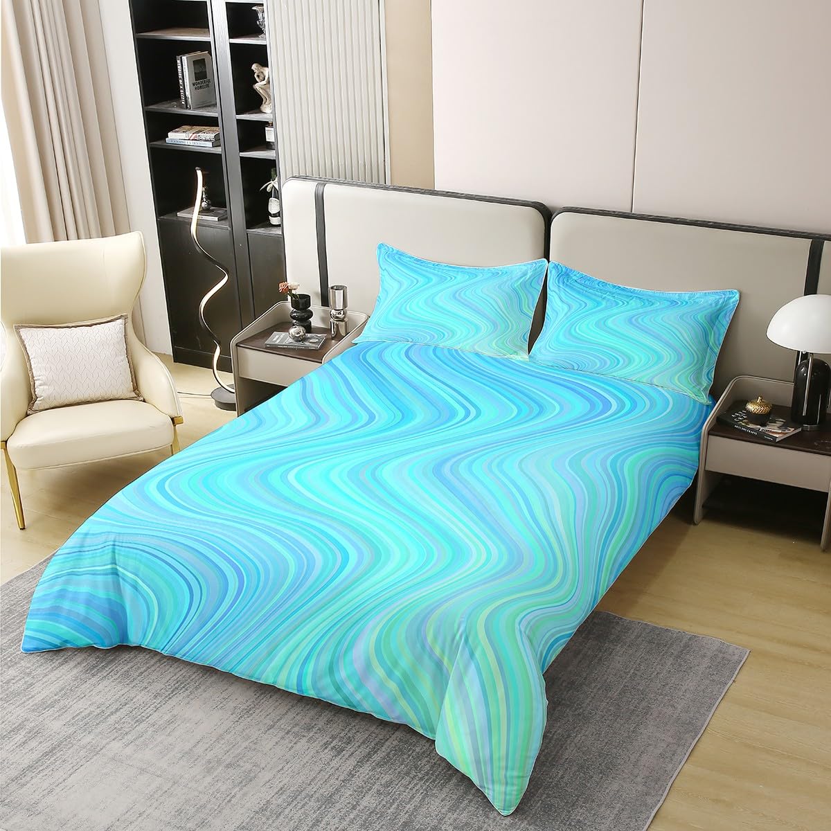 Simple Modern Duvet Cover Set 100% Natural Cotton Twin Size Abstract Ombre Blue Gradient Super Soft Bedding Set 2 PCS Ocean Waves Cotton Comforter Cover for Bedroom Decor