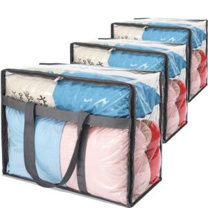 mr hsiung & mrs 3 pack clear clothes storage bags with sturdy zippers and reinforced handle plastic moving totes for comforters, blankets, linen, bedding, duvet, pillows, sweaters, quilts