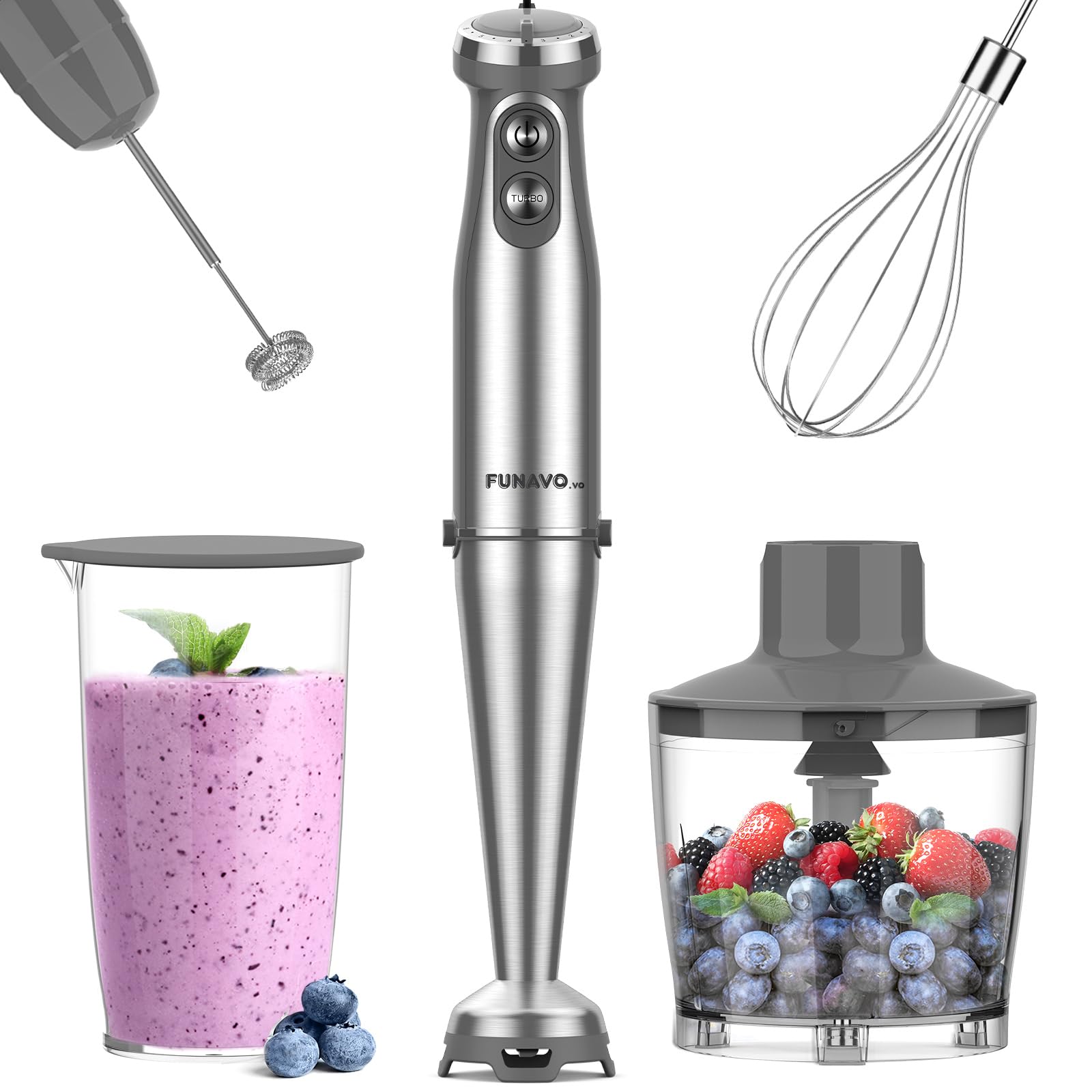 FUNAVO.vo Immersion Blender, 1000W Anti-scratch 5-in-1 Hand Blender, Upgraded 12 Speed Stainless Steel Blade Stick Blender with Turbo Mode, 20oz Beaker, 17oz Chopping Bowl, Whisk, BPA-Free