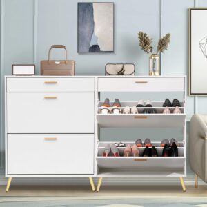 KUMIUNION Shoe Storage Cabinet with 2 Flip Drawers&1 Drawer, Slim Freestanding Storage Racks for Entryway, Hallway, Hidden Narrow Shoe Organizers Perfect for Heels, Boots, Slippers, White