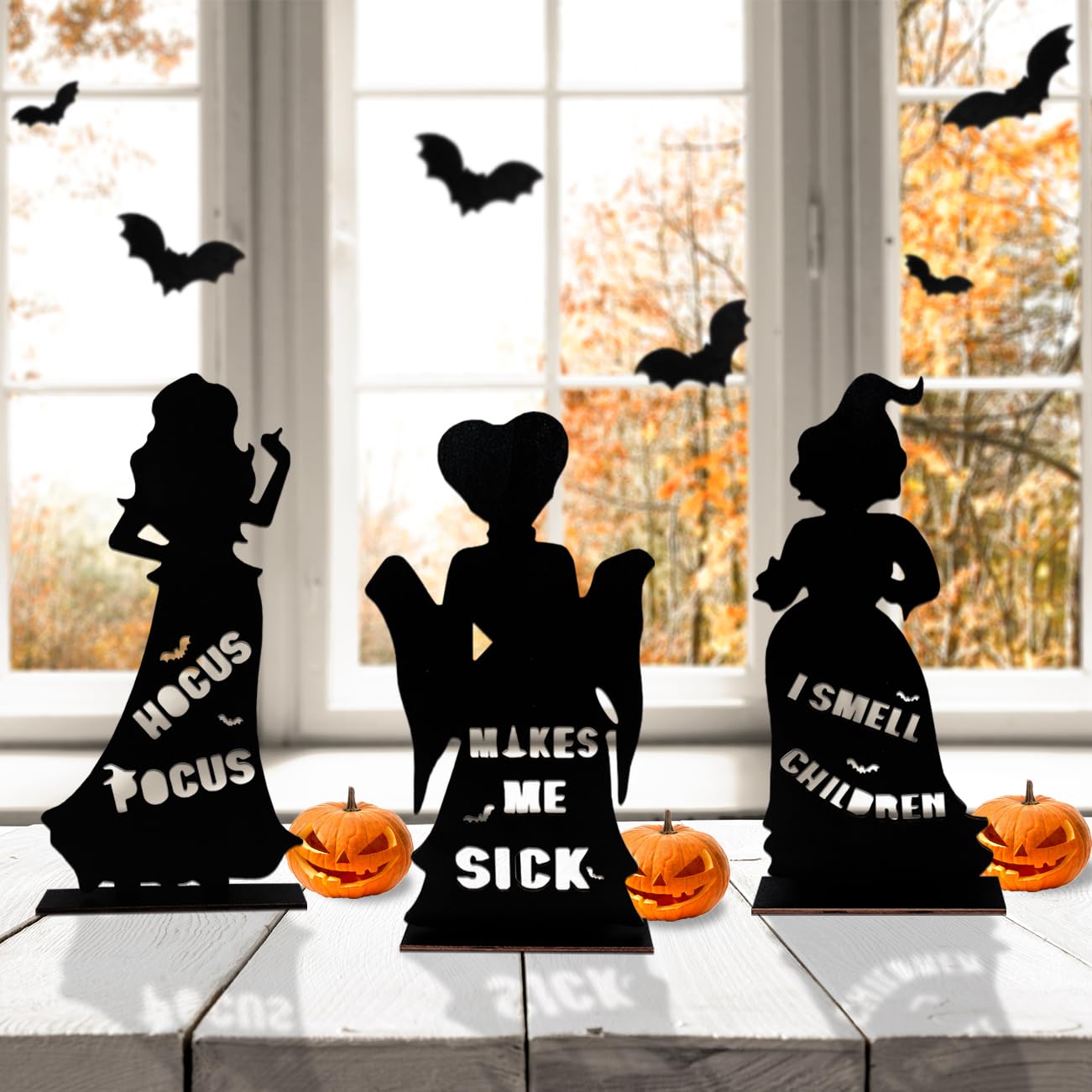 3Pcs Hocus Pocus Wooden Table Centerpieces, Hocus Pocus Halloween Decoration Silhouette Witch Signs Decor, I Smell Children &Makes Me Sick Halloween Wooden Signs