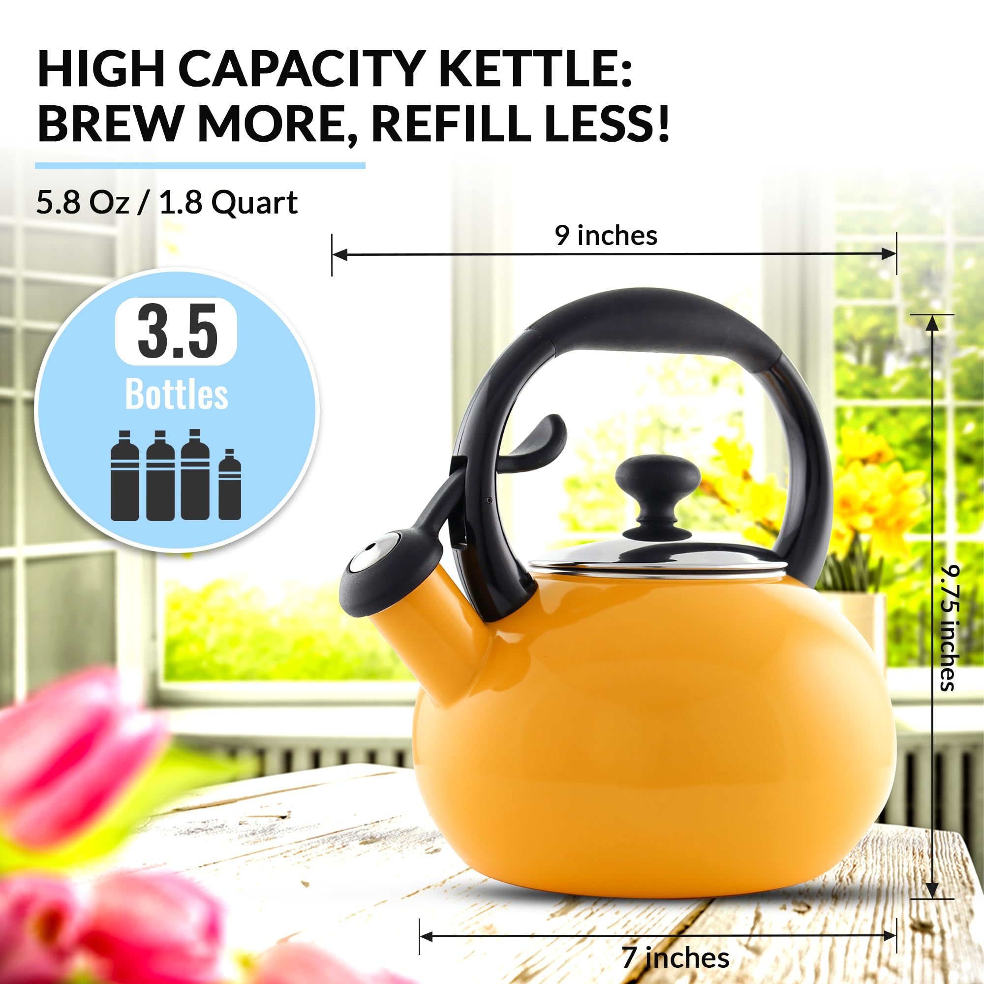 Chantal 1.8 QT Kettle, Buttons Series, Premium Enamel on Carbon Steel, Whistling, Even Heating & Quick Boil (Marigold)