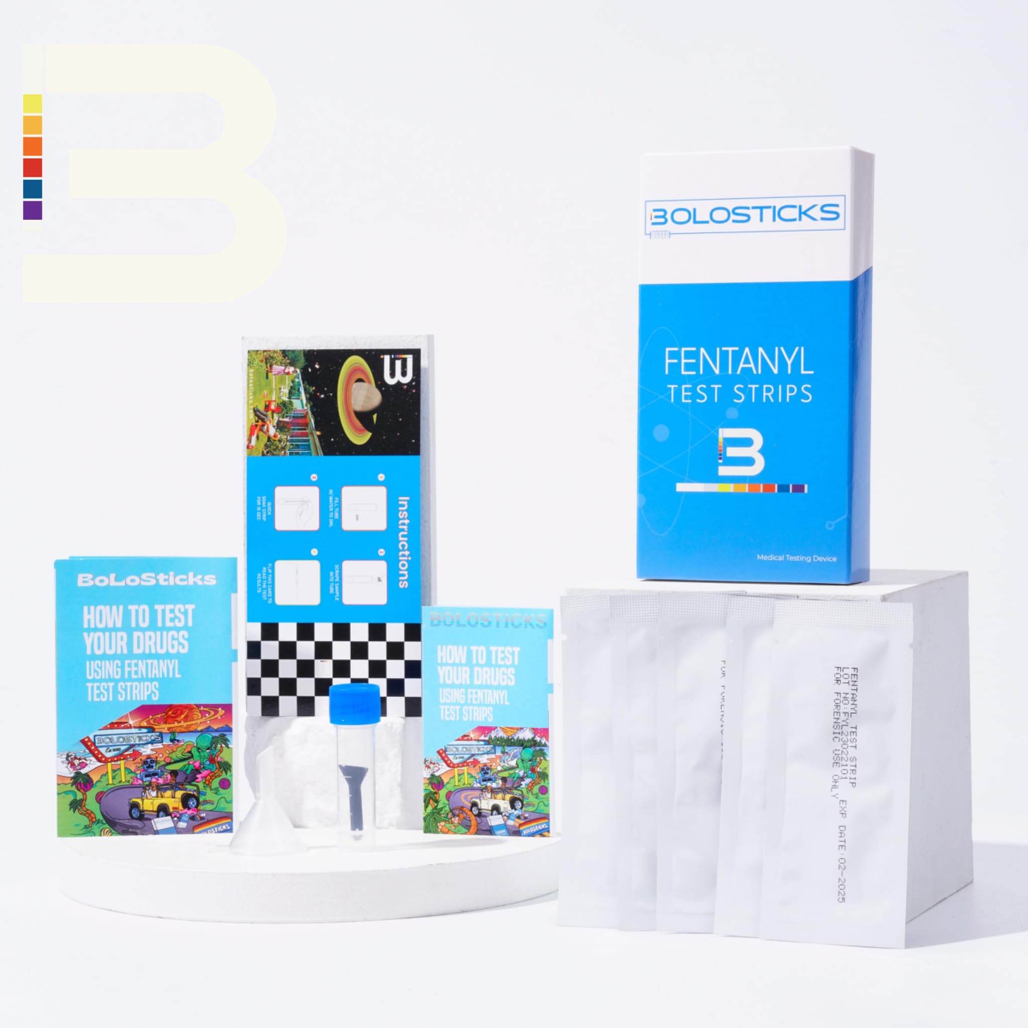 Bolosticks Fentanyl Test Strip Kit - Art Filled, Compact & Festival Ready - Rapid Test Strips, Testing Surface, Test Tube, Sample Scraper, and Info Booklet (Pack of 5)