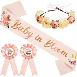 ceenna baby in bloom baby shower sash mom to be sash and dad to be pin flower crown for gender reveals party baby shower party favors decorations for boys girls pregnancy props gift