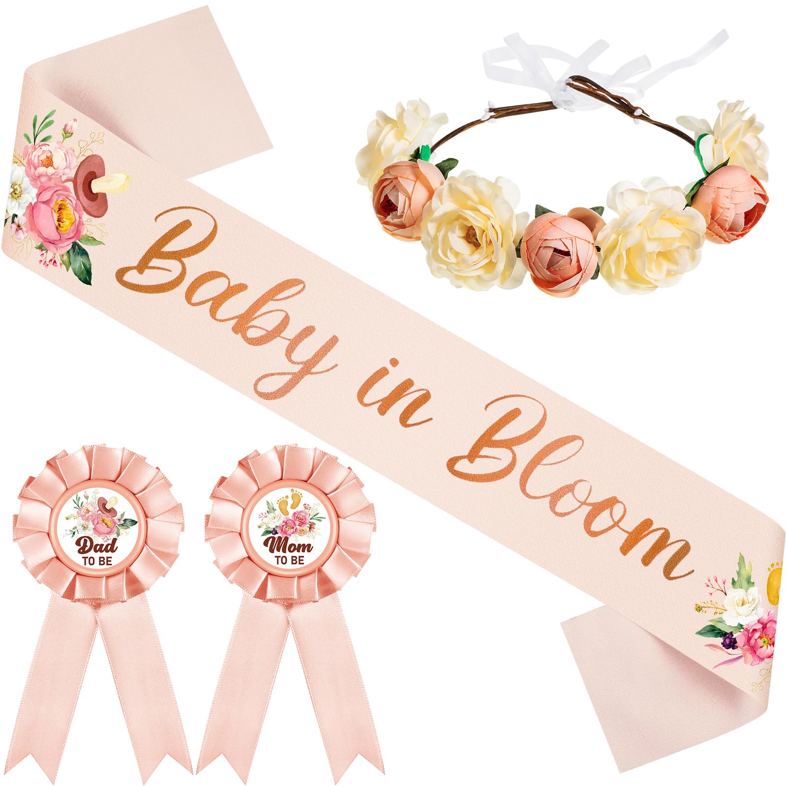 Ceenna Baby in Bloom Baby Shower Sash Mom to Be Sash and Dad to Be Pin Flower Crown for Gender Reveals Party Baby Shower Party Favors Decorations for Boys Girls Pregnancy Props Gift