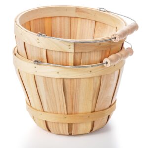 Okllen 2 Pack Round Wooden Baskets with Handle, Empty Wood Fruit Buckets, Fall Harvest Basket for Display Fruits Vegetables, Home Garden and Party Supplies, Natural Color